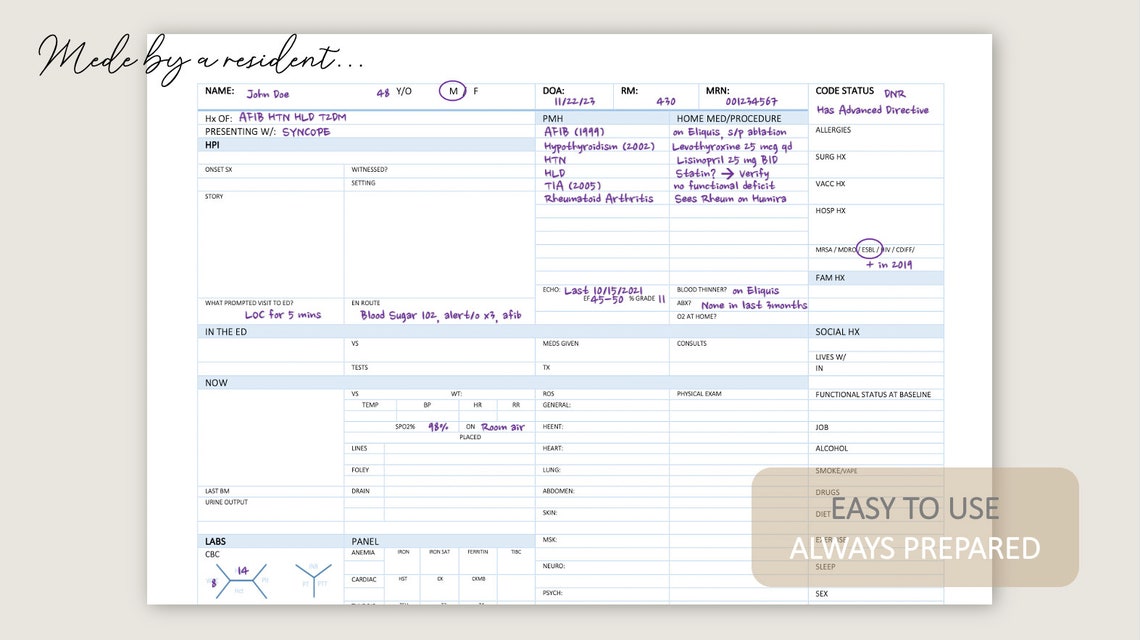 Resident Medical Nursing PA Student H&P Template| Scutsheet Report ...