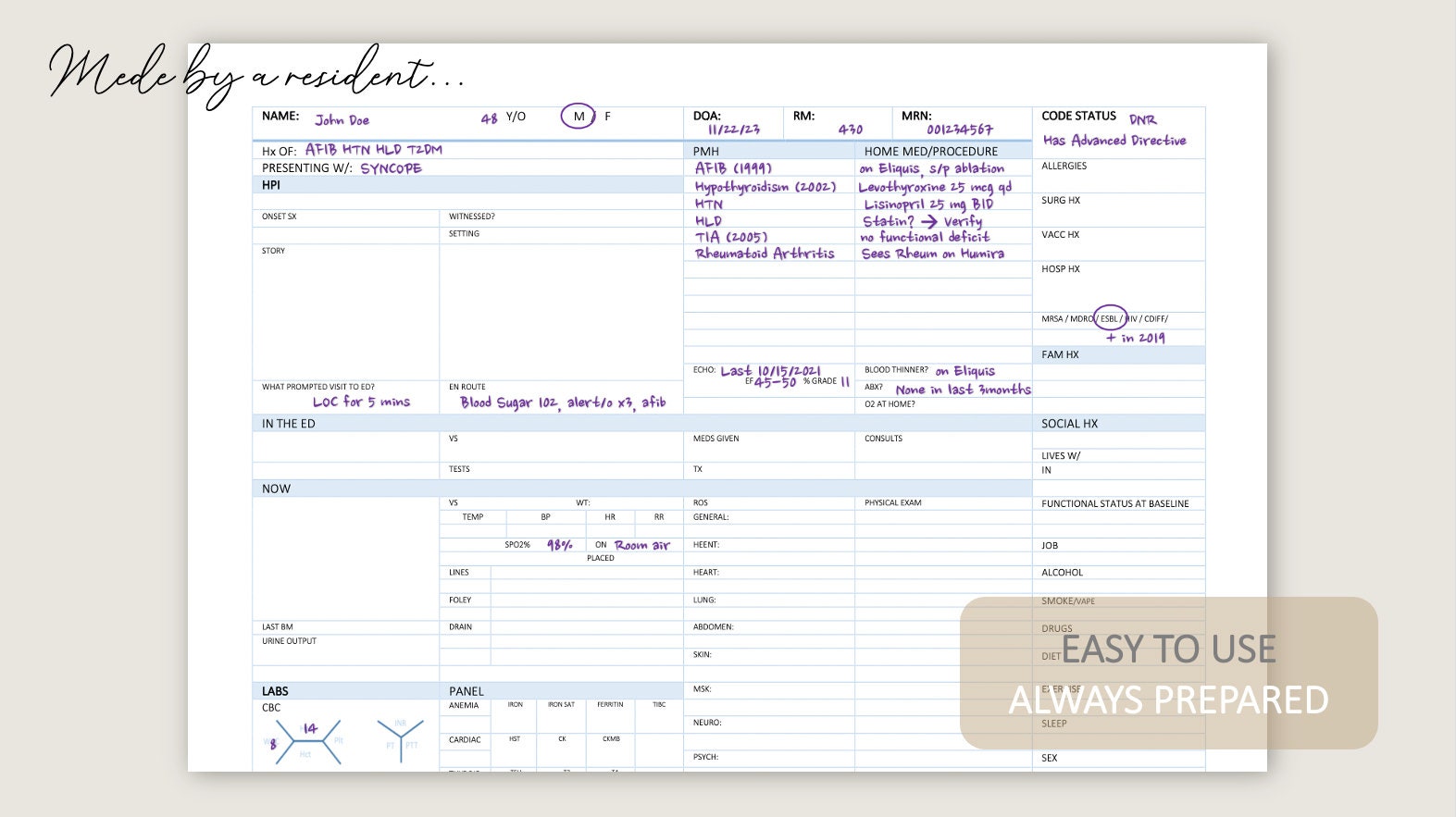 Resident Medical Nursing PA Student H&P Template| Scutsheet Report ...