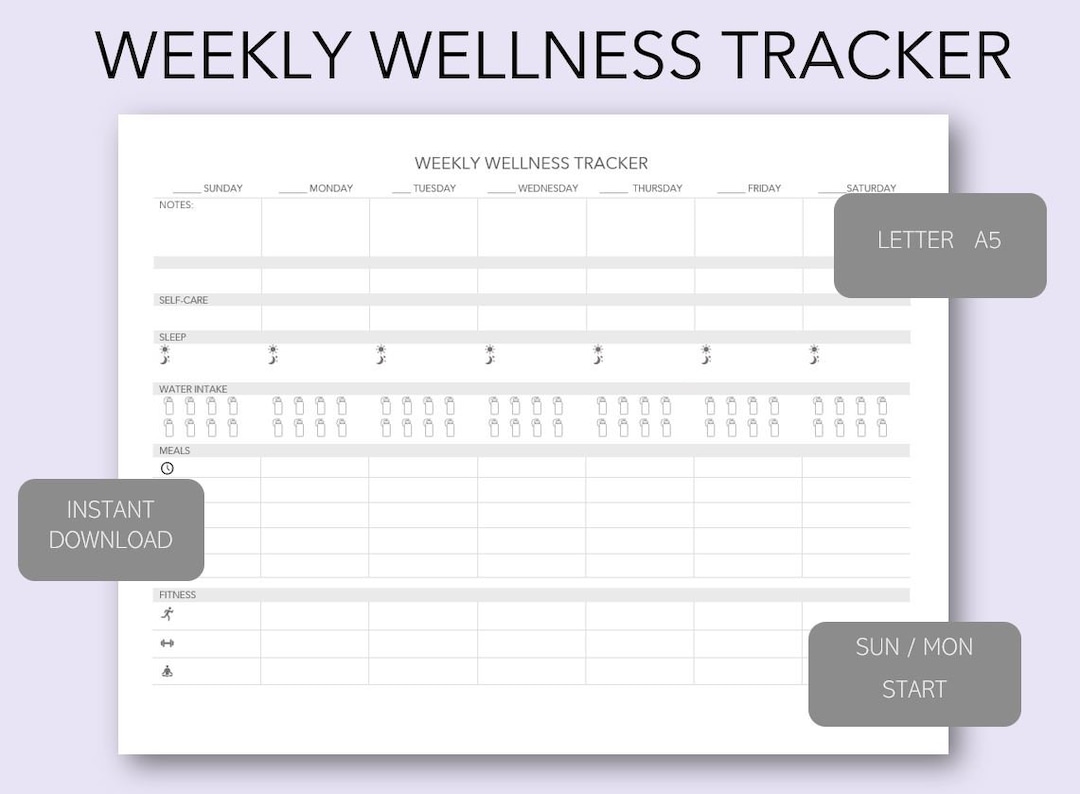 WEEKLY WELLNESS Tracker Printable Digital Weekly Wellness Planner ...