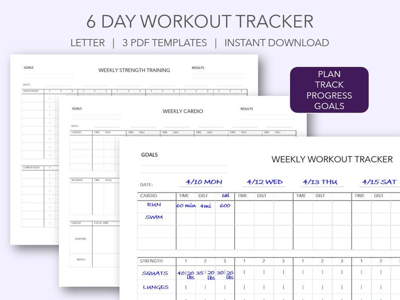 WEEKLY WORKOUT Fitness Exercise Tracker Printable Digital 6 Day Weekly ...