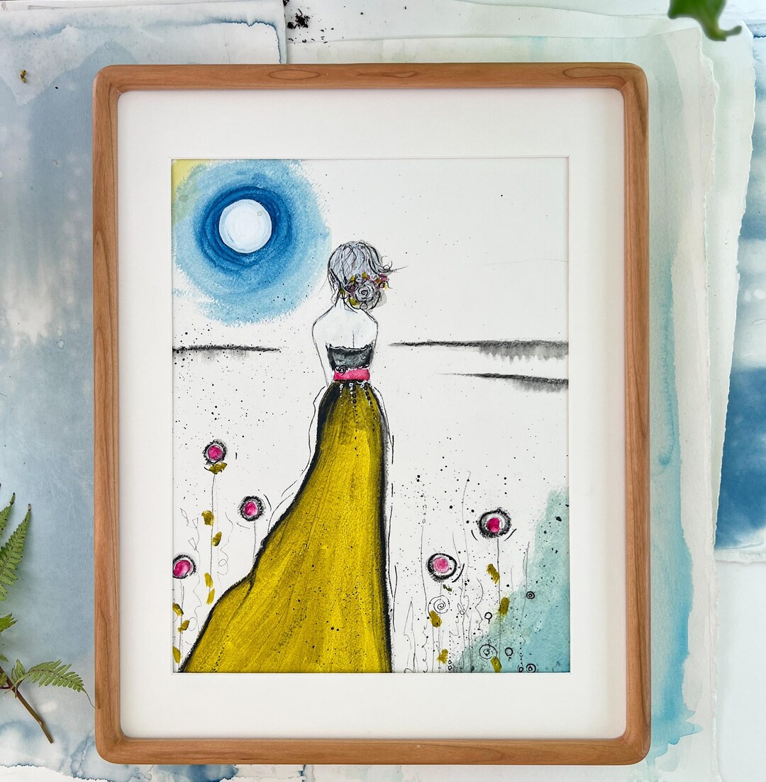 ORIGINAL ARTWORK: Lady and Moon Painting, Ready to Hang, Framed ...