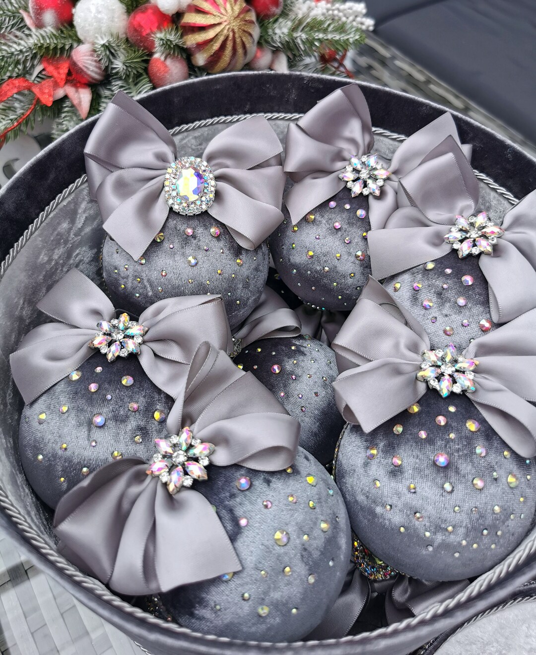 Silver Velvet Christmas Baubles: Rhinestone Ornament Set - Etsy