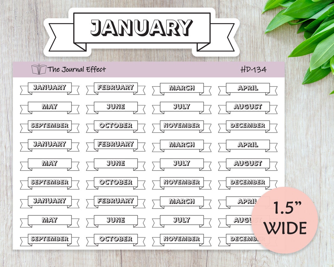 MONTH BANNER Header 1.5 Black and White, Label Planner Stickers for ...