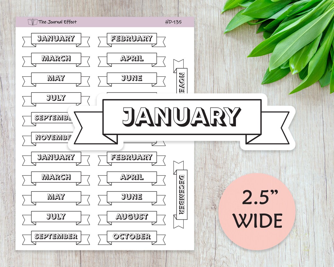 MONTH BANNER Header 2.5" Black and White, Label Planner Stickers for ...