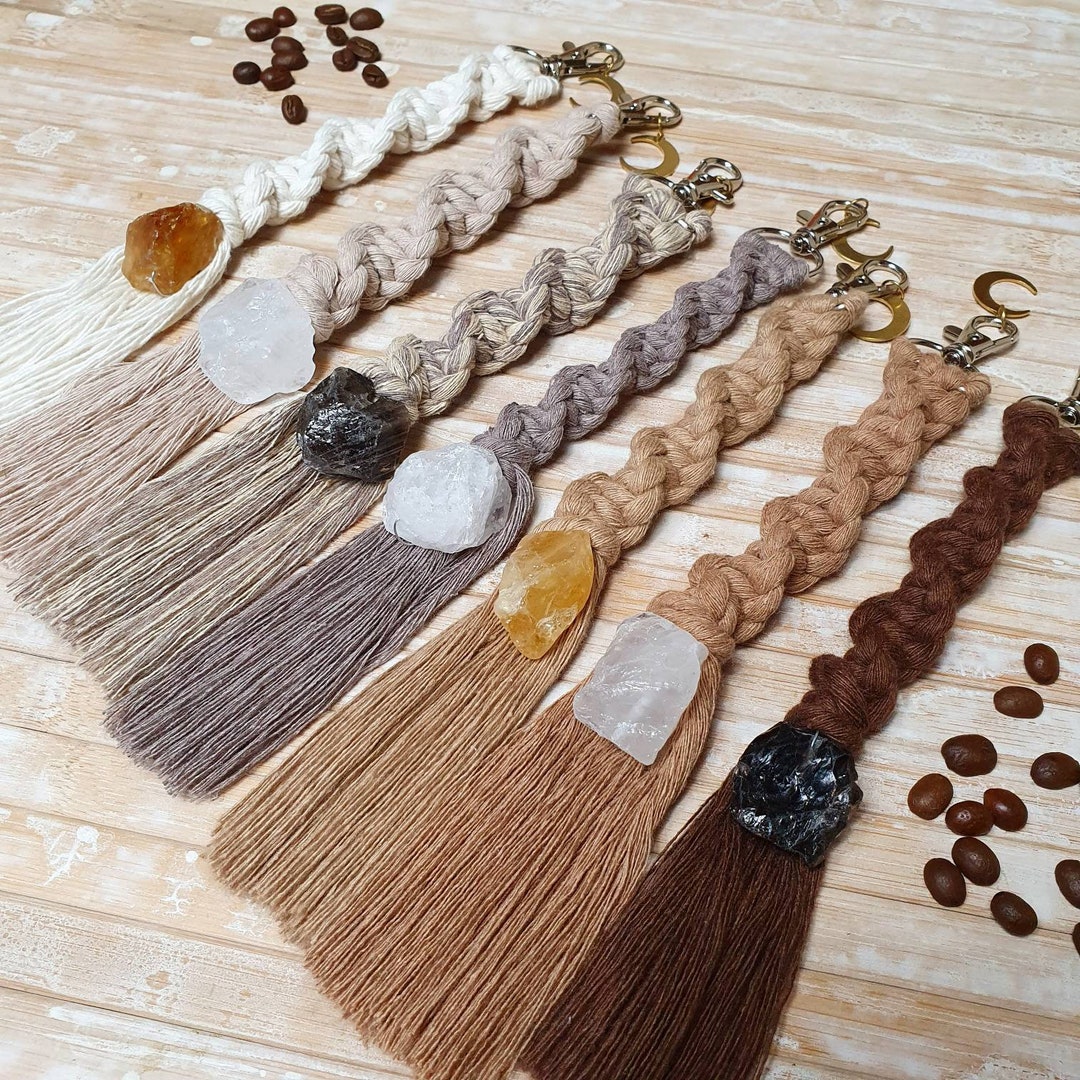 Coffee Crystal Macrame Keyrings, Rough Crystal Chunk Macrame Keyring ...
