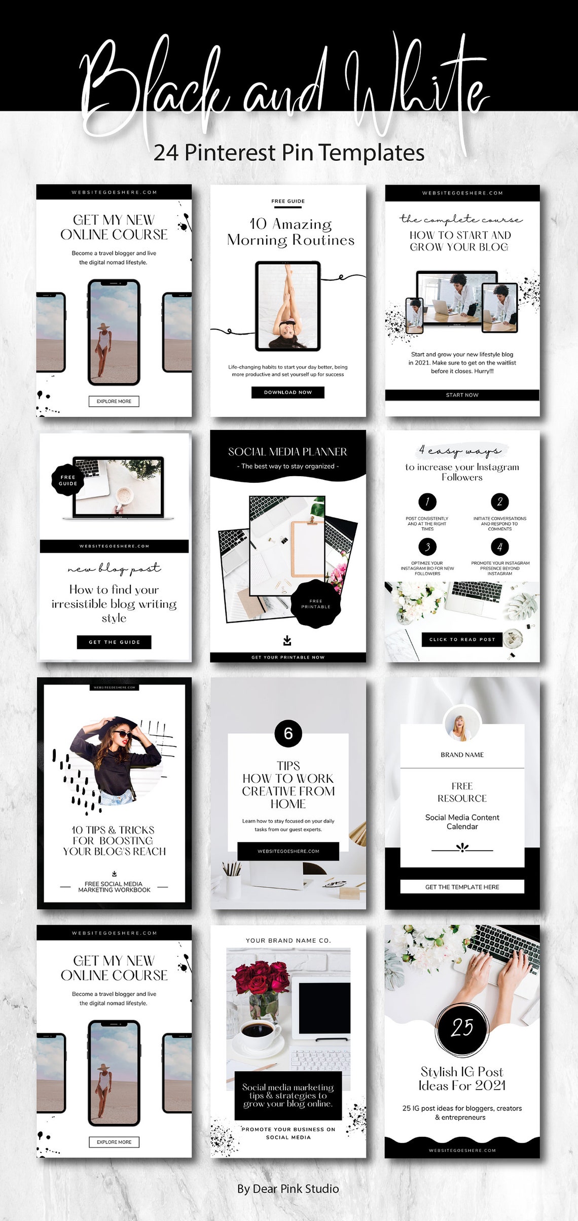 Black and White Pinterest Pin Templates Editable Pinterest Pin Template ...