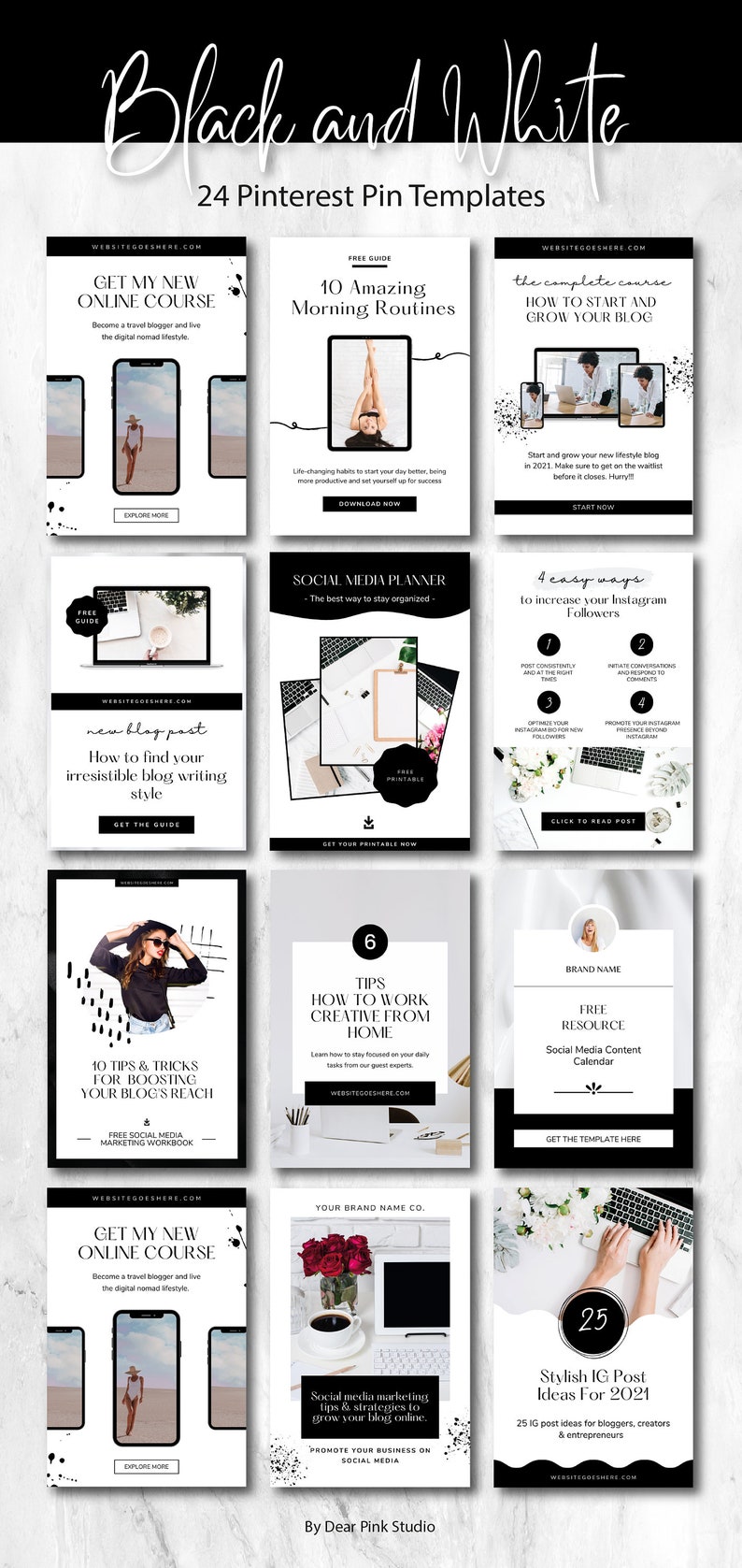 Black and White Pinterest Pin Templates Editable Pinterest Pin Template ...