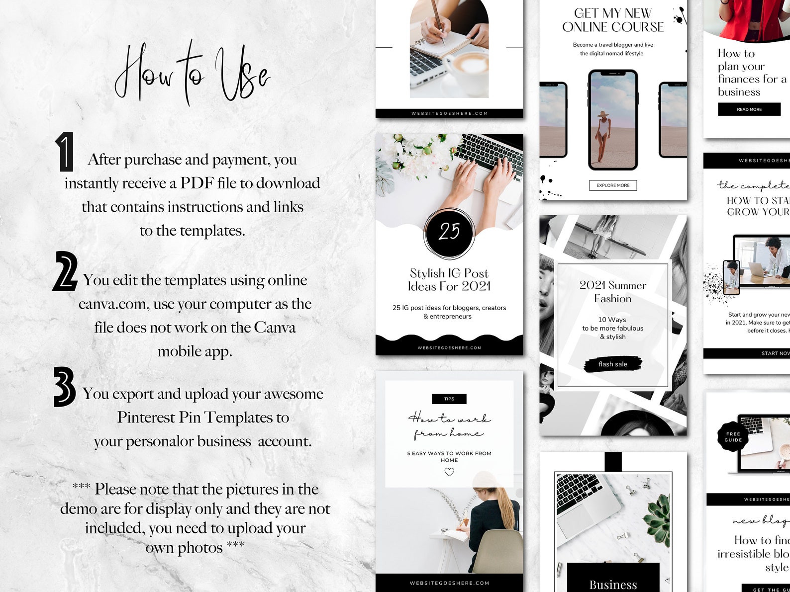 Black and White Pinterest Pin Templates Editable Pinterest Pin Template ...