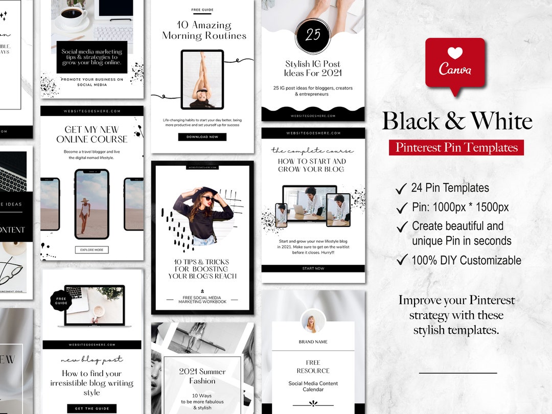 Black and White Pinterest Pin Templates Editable Pinterest Pin Template ...