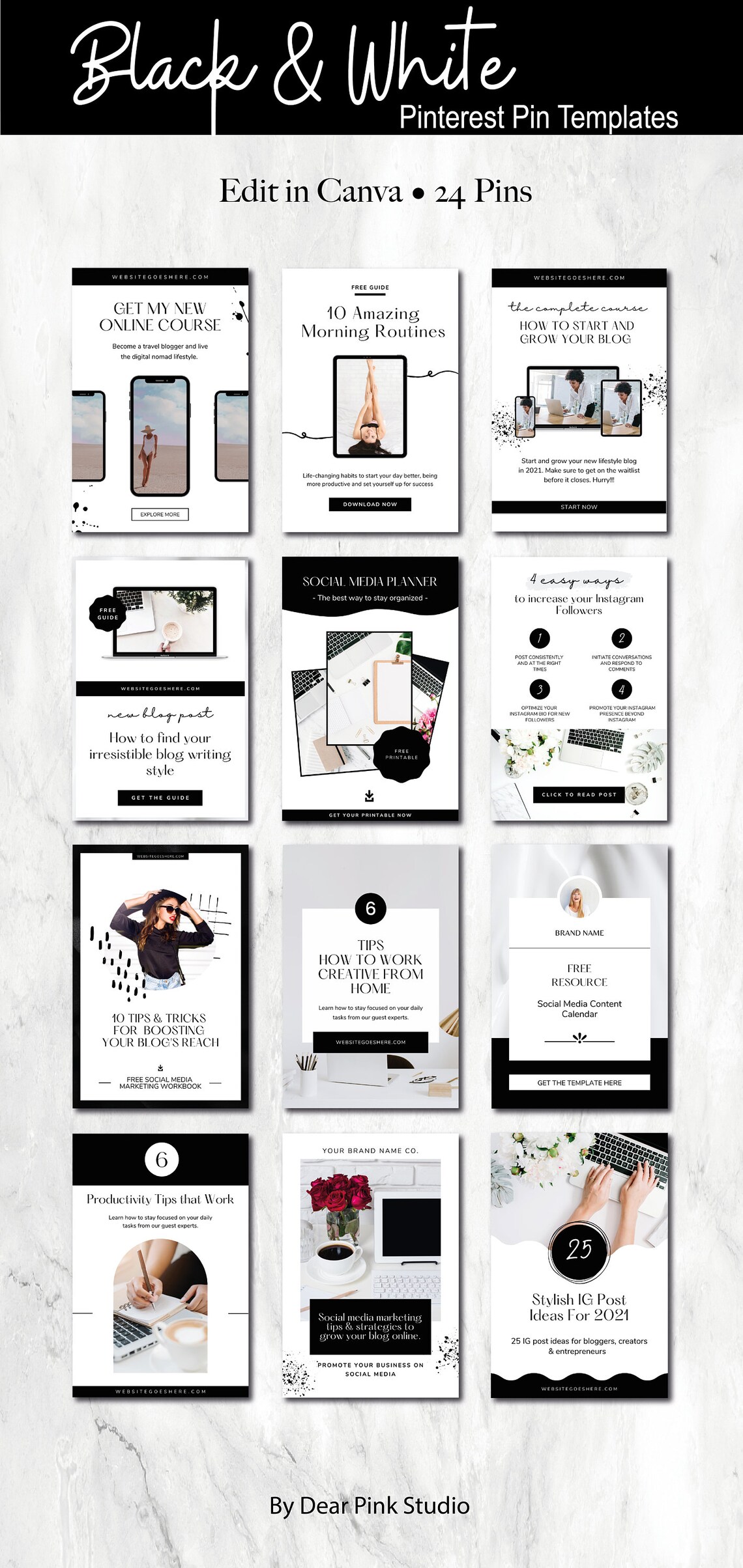 Black And White Pinterest Pin Templates For Canva Pinterest | Etsy