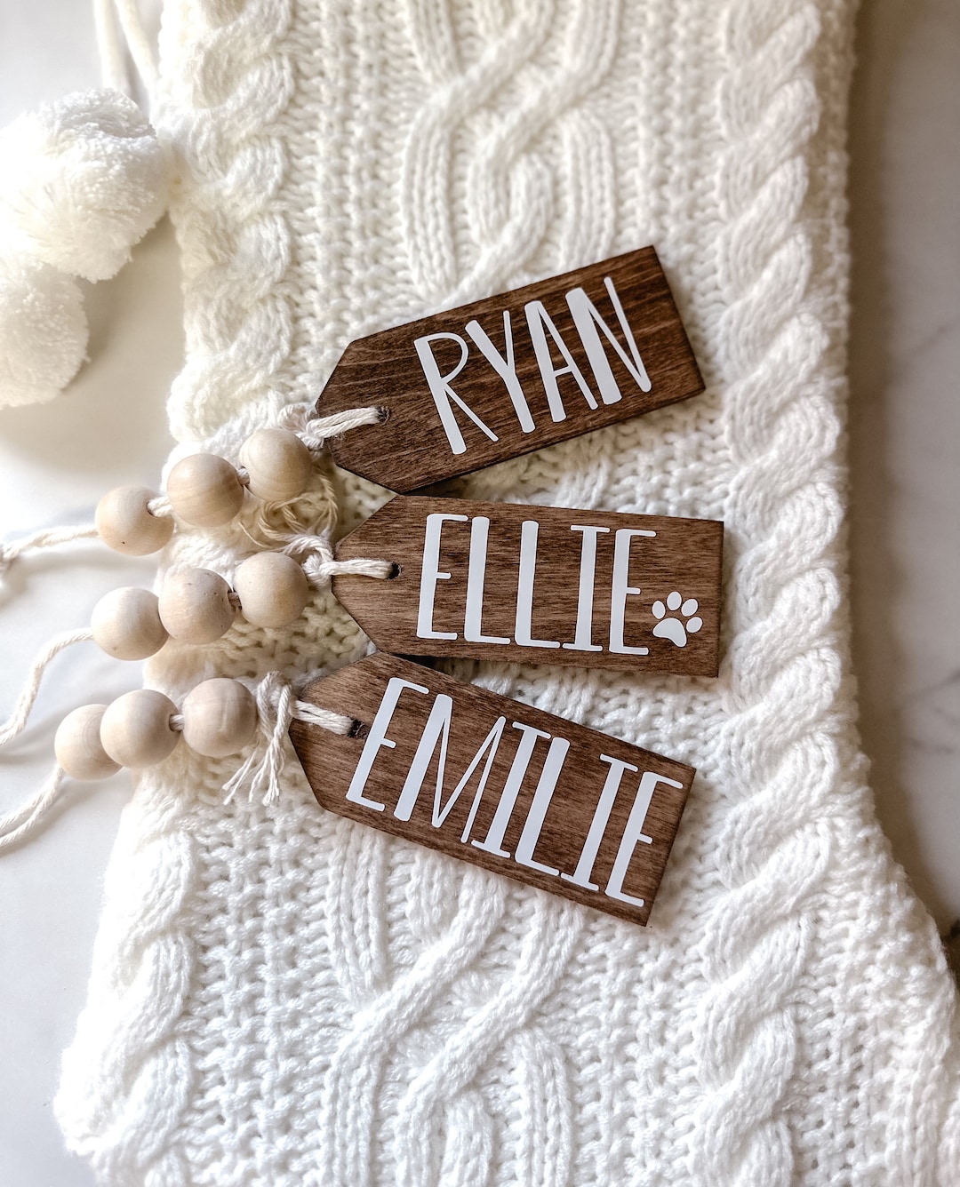Wooden Beaded Christmas Stocking Name Tag, Personalized Tag, Wooden ...