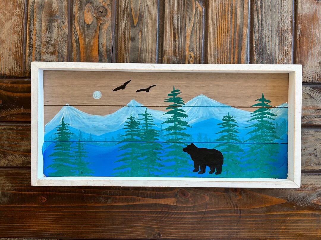 Rustic Bear Painting Shadow Box, Mountain Artwork for Lodge Home Decor ...