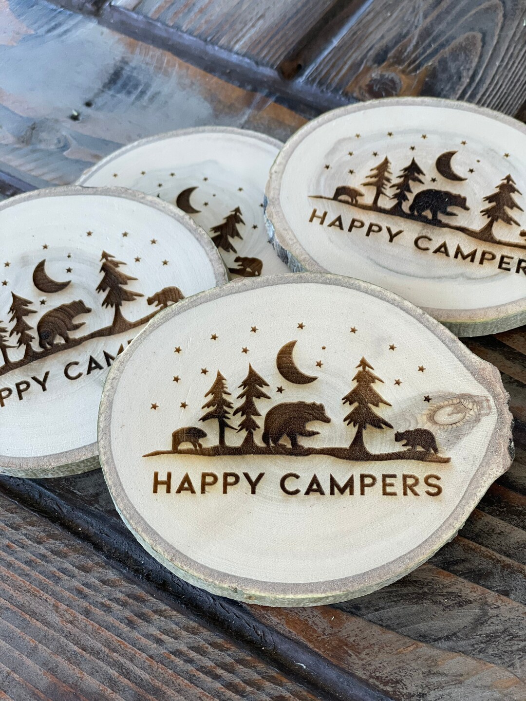 Happy Campers Coaster Set, Real Wood Coasters, Aspen, Camping Gift ...