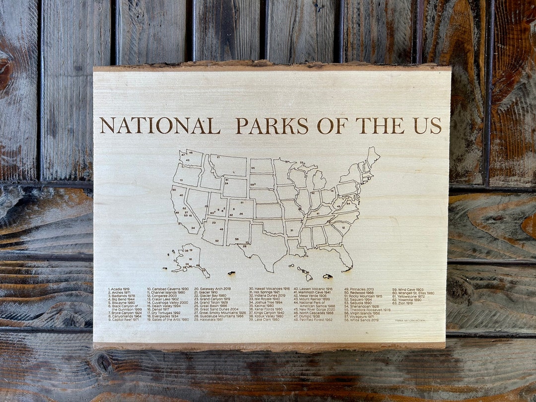 National Park Map Wood Wall Sign, 63 National Parks, Rustic Wood Sign ...