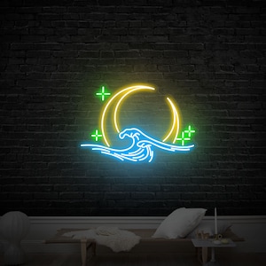 Wave Moon Neon Wall Art Wave Ocean Neon Sign Neon Art, Wave Moon Art ...