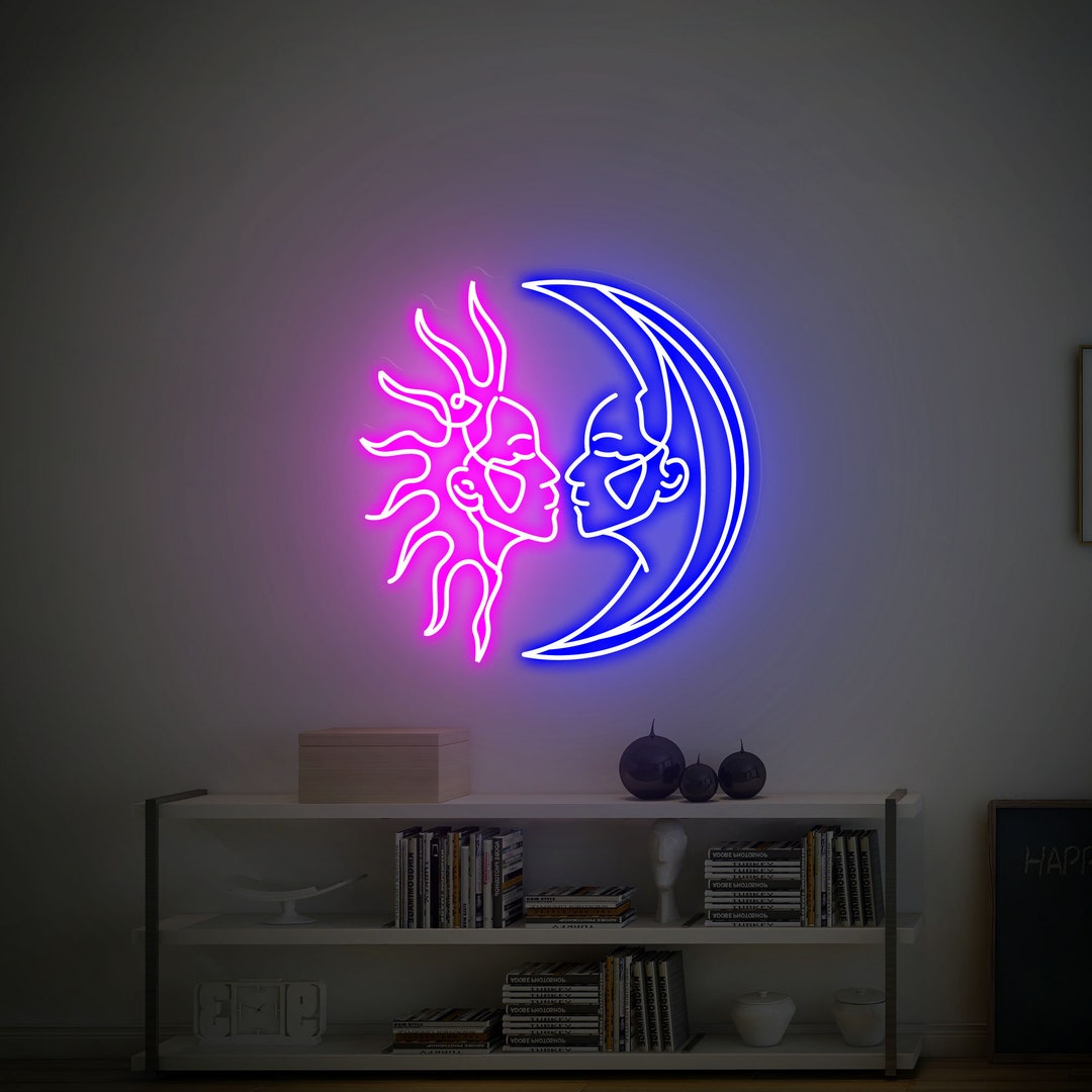 Sun and Moon Lovers Neon Sign, Two Face Neon Sign, Bedroom Neon Light ...