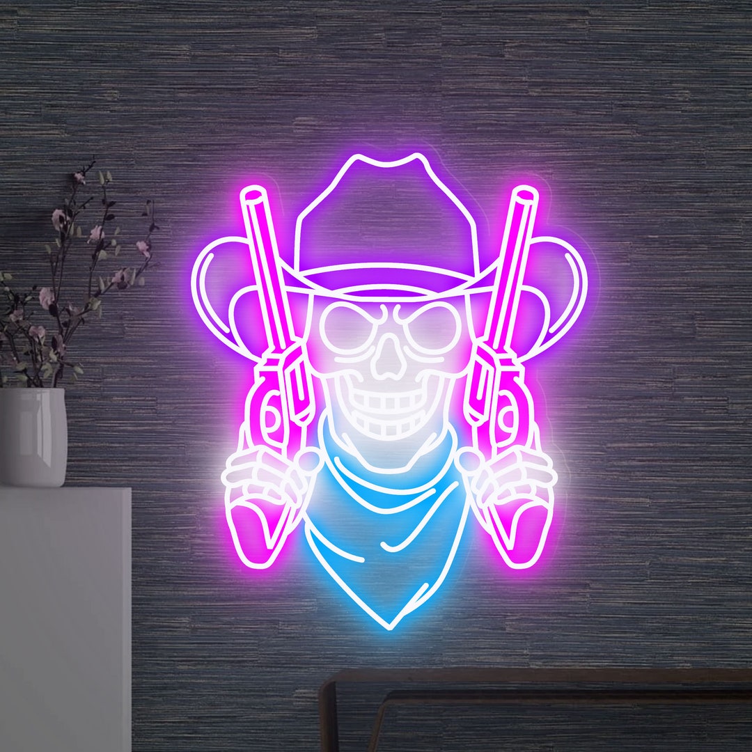 Cowboy Skull and Double Guns Neon Sign, Skull and Revolver Led Sign ...