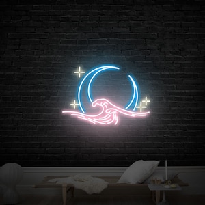 Wave Moon Neon Wall Art Wave Ocean Neon Sign Neon Art, Wave Moon Art ...