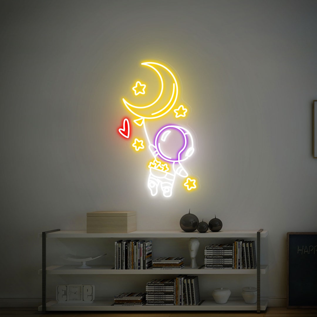 Spaceman Neon Sign, Astronaut With Moon Led Neon Sign, Kid's Room Neon ...