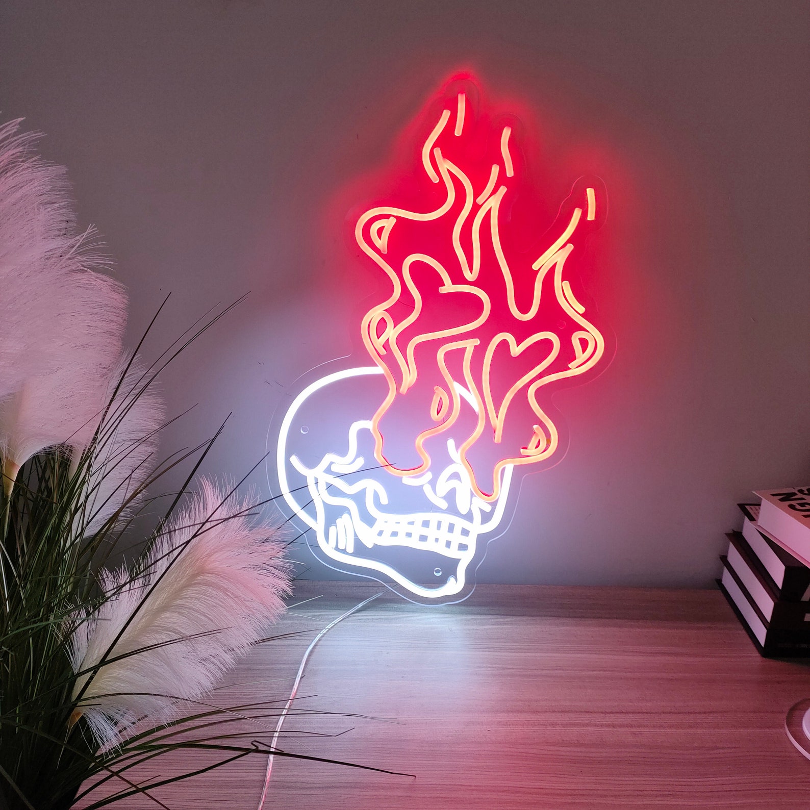 Skull Head Neon Sign Custom Handmade Art Neon Light Skull Fire - Etsy