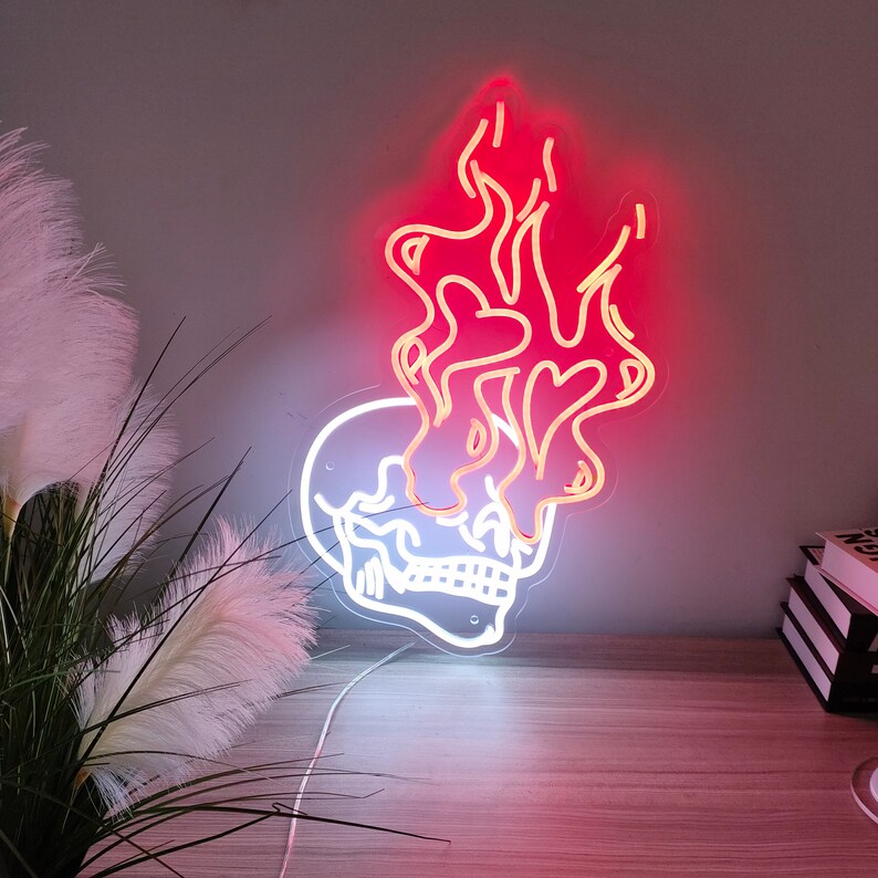Skull Head Neon Sign Custom Handmade Art Neon Light Skull Fire - Etsy