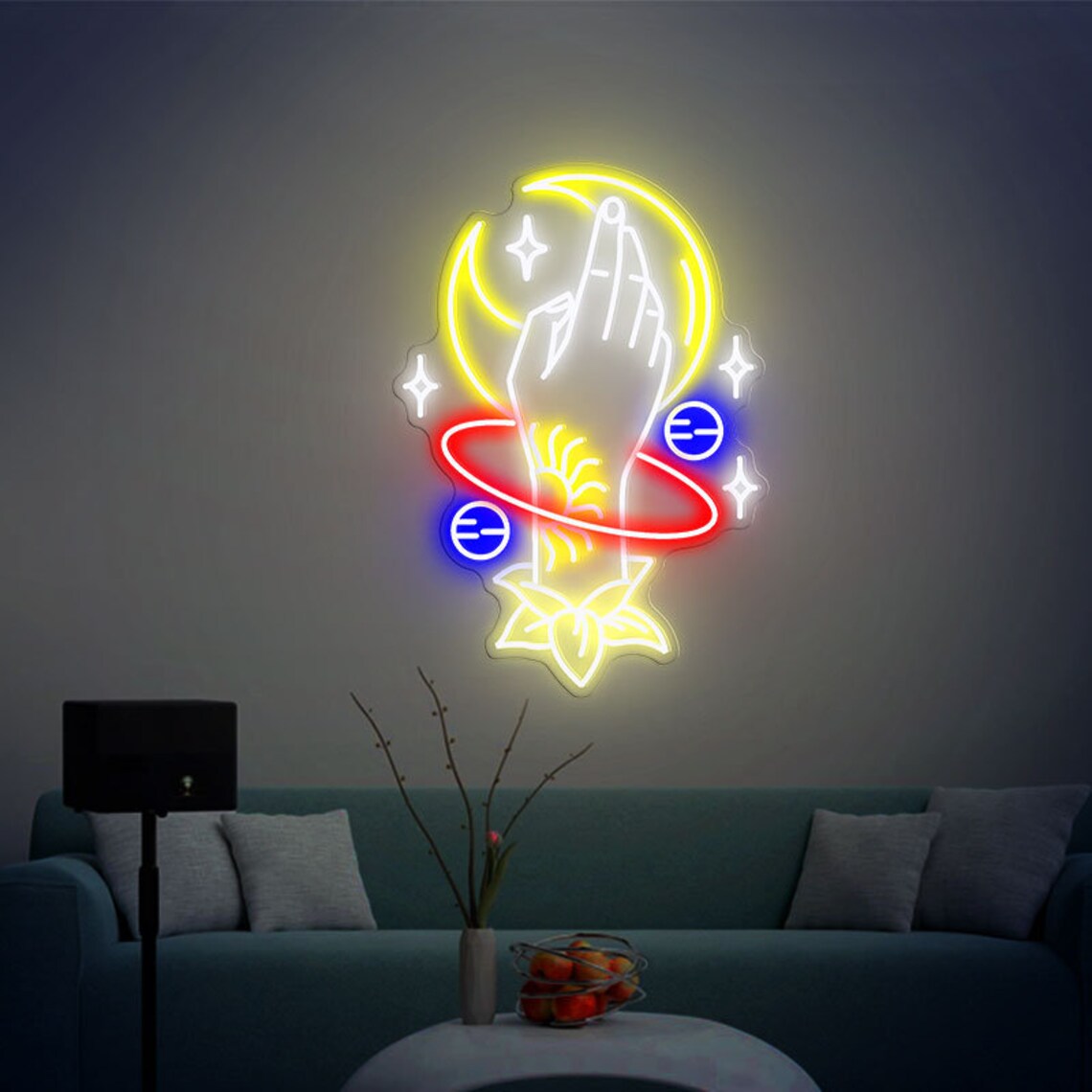 Galaxy Moon and Stars Hand Neon Sign for Bedroom, Cafe, Studio, Custom ...
