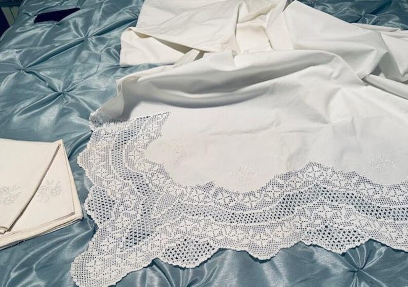 1 Precious Antique Cotton Bed Sheet White Hand Crochet With 2 ...