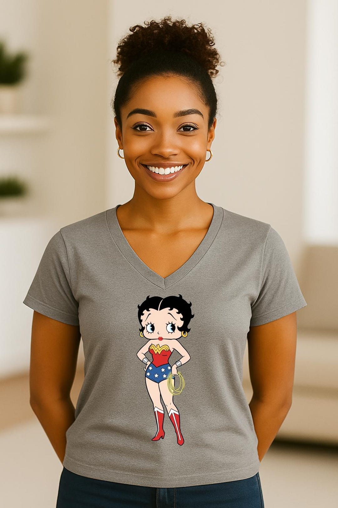 Betty Boop Shirt, Cartoon Womens Vneck, Super Hero Shirt, Wonder Woman ...