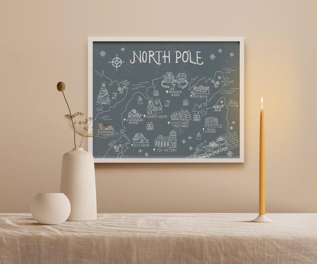 Christmas North Pole Map Print, Printable Wall Art, Winter Rustic ...