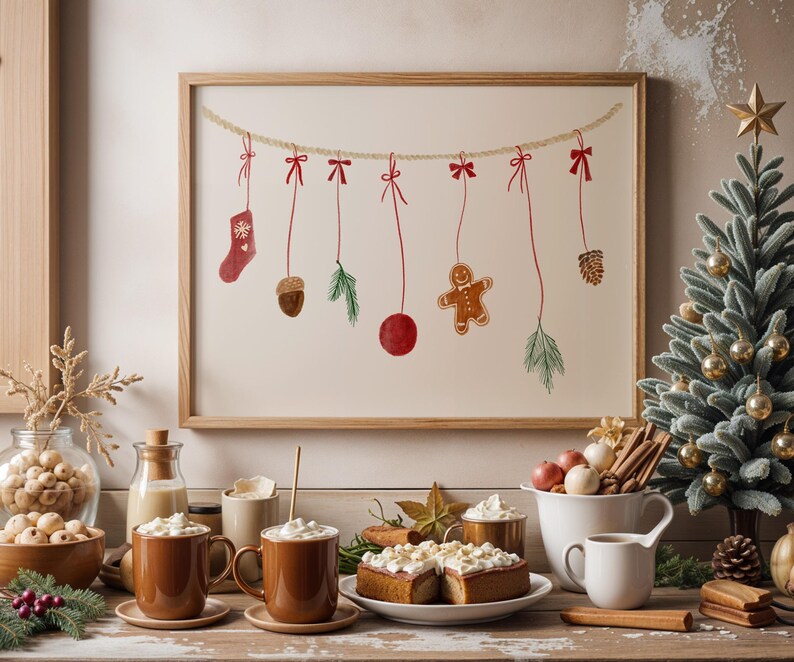 Christmas Garlands Print, Cozy Printable Wall Art Red, Winter Home ...