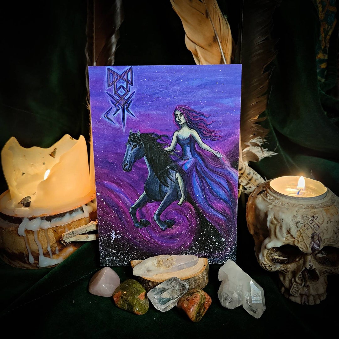 Nott and Hrimfaxi, Goddess of the Night - Bindrune Altar Card, Viking ...