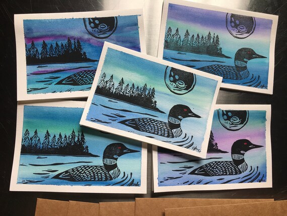 Loon Moon Magic 5 Handmade Block Print Card Set - Etsy