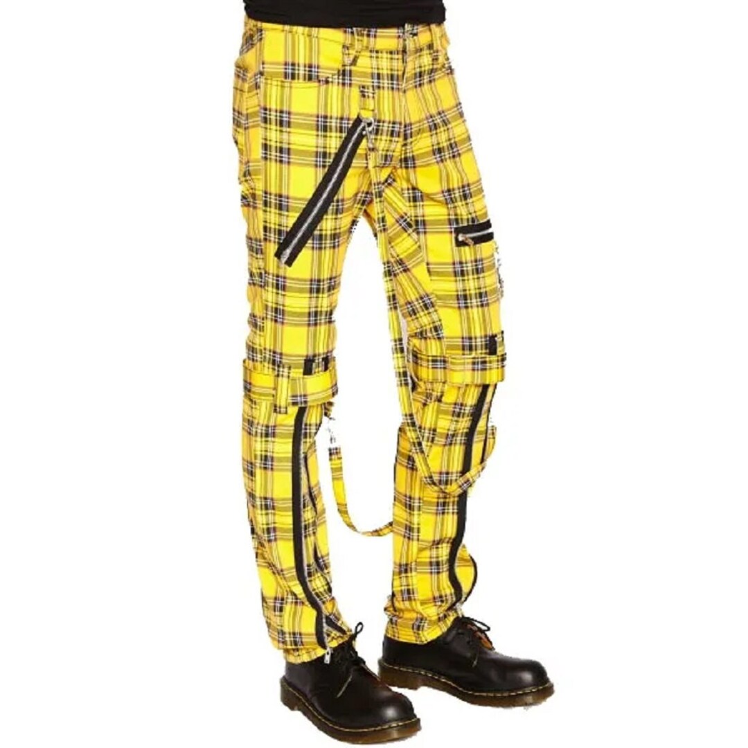 Women Bondage Straps Punk Yellow Plaid Jeans Pant Alternative Rebel ...