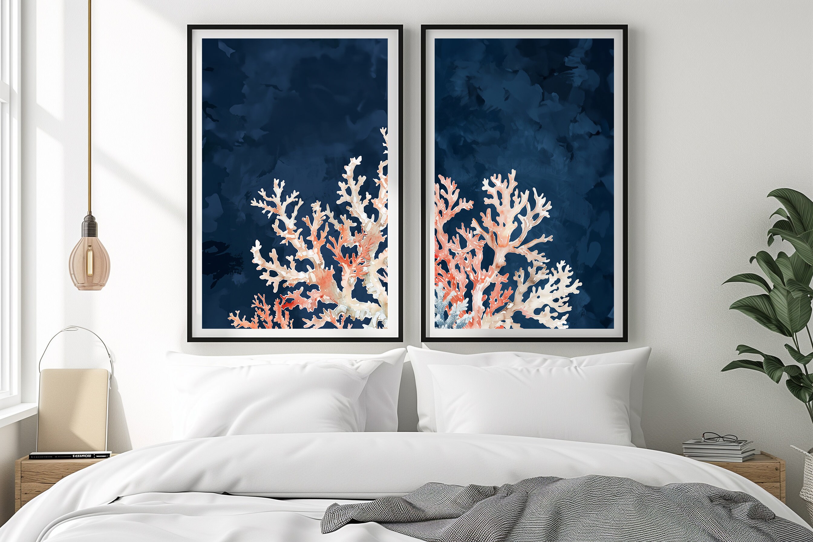 Pair of Watercolor Coral Prints on Navy Blue Background | Ocean ...