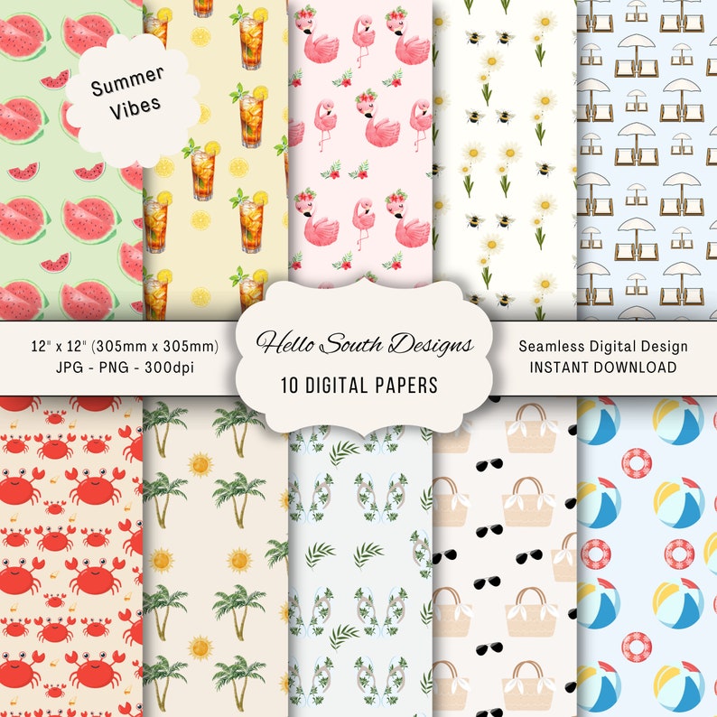 Summer Vibes Seamless Digital Paper Set 12” X 12” With 15 Bonus ...