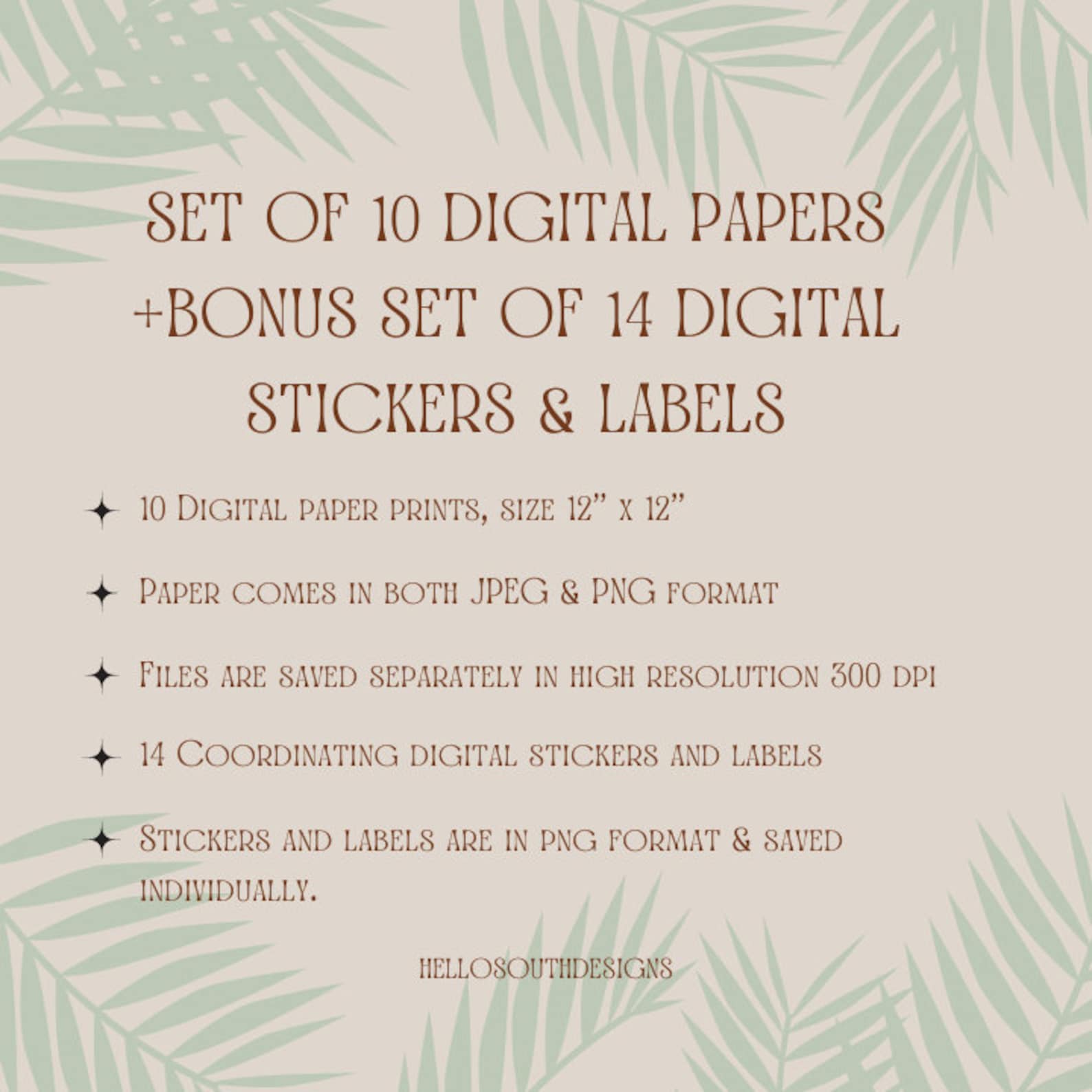 Tropical Vibes Bundle: 10 Palm Digital Scrapbooking Papers + 14 Digital ...