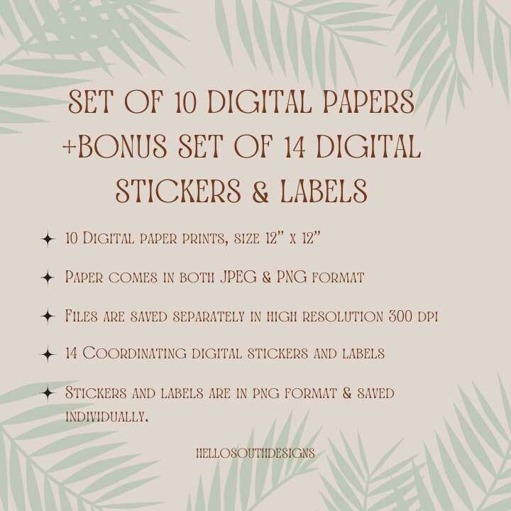 Tropical Vibes Bundle: 10 Palm Digital Scrapbooking Papers + 14 Digital ...