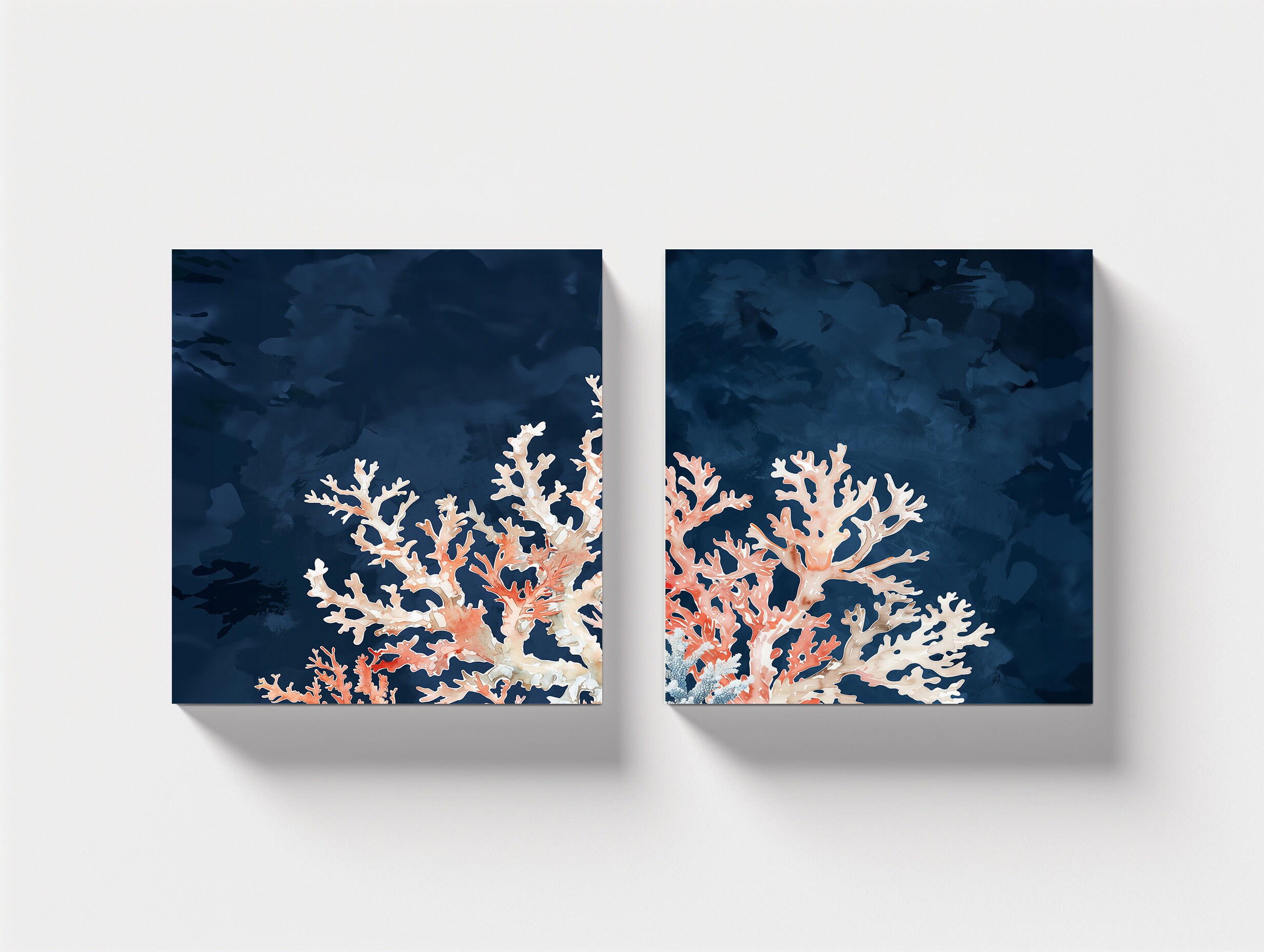 Pair of Watercolor Coral Prints on Navy Blue Background | Ocean ...