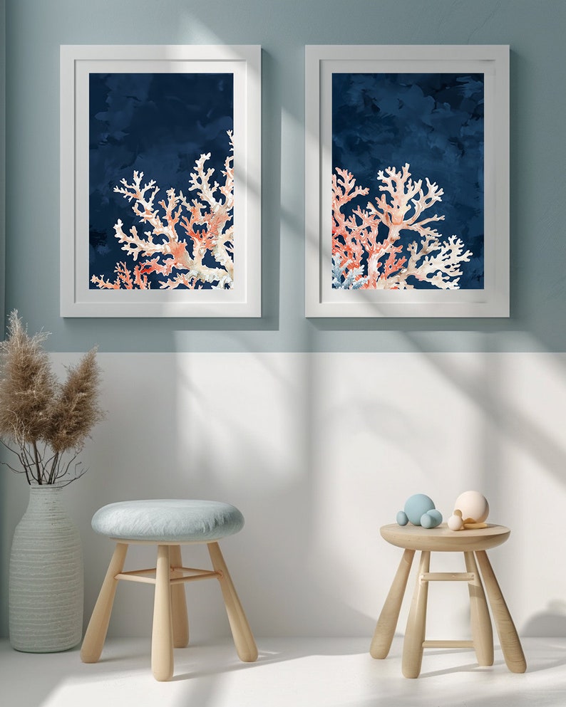 Pair of Watercolor Coral Prints on Navy Blue Background | Ocean ...