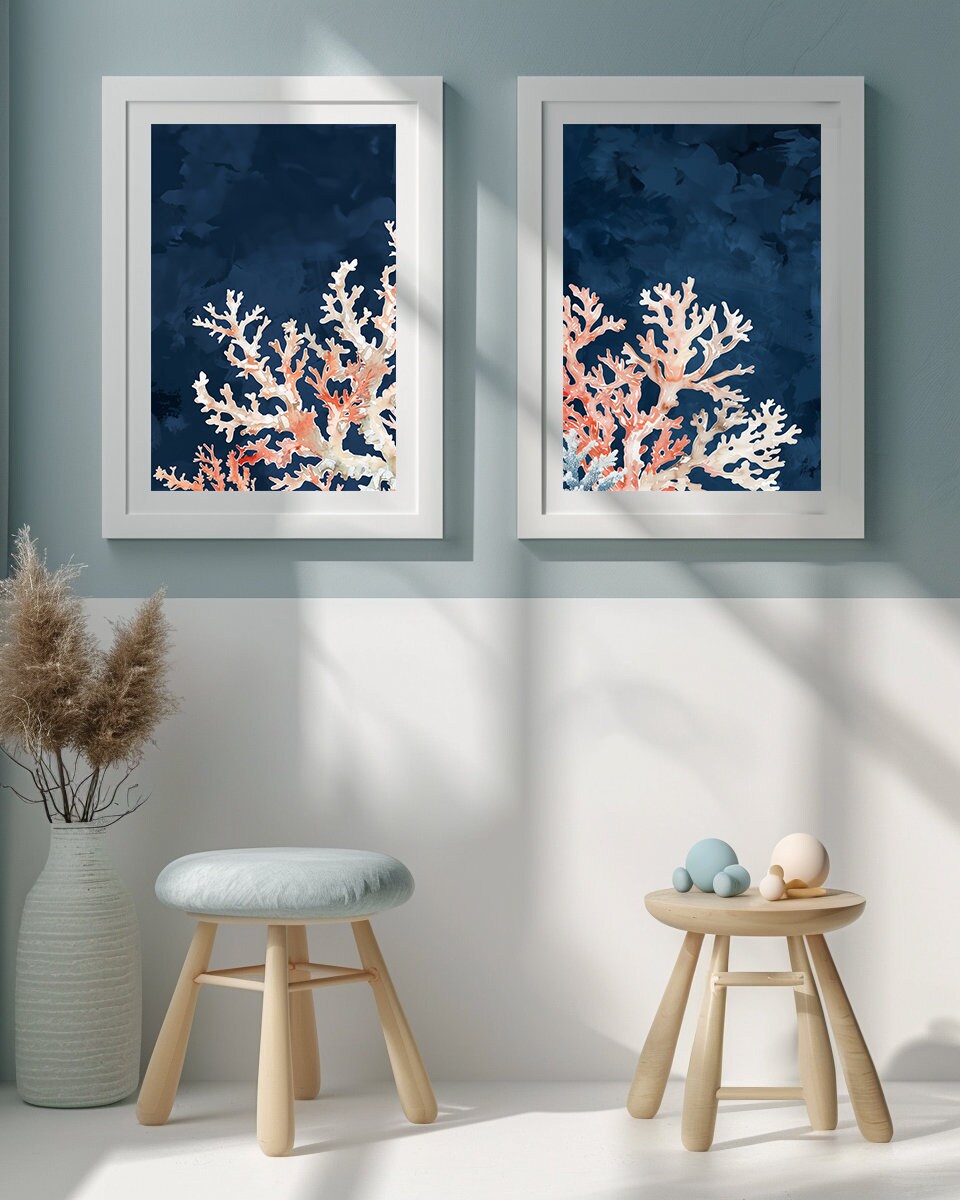 Pair of Watercolor Coral Prints on Navy Blue Background | Ocean ...