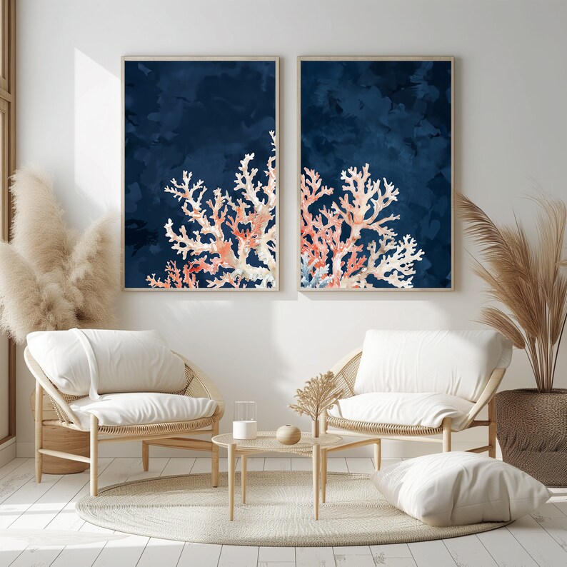 Pair of Watercolor Coral Prints on Navy Blue Background | Ocean ...