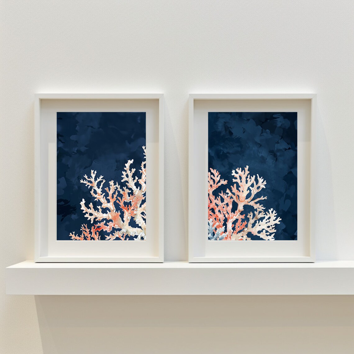 Pair of Watercolor Coral Prints on Navy Blue Background | Ocean ...