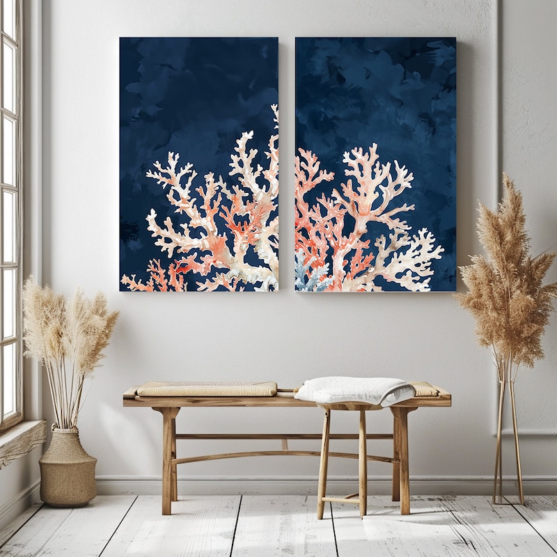 Coral Navy Wall Art - Etsy