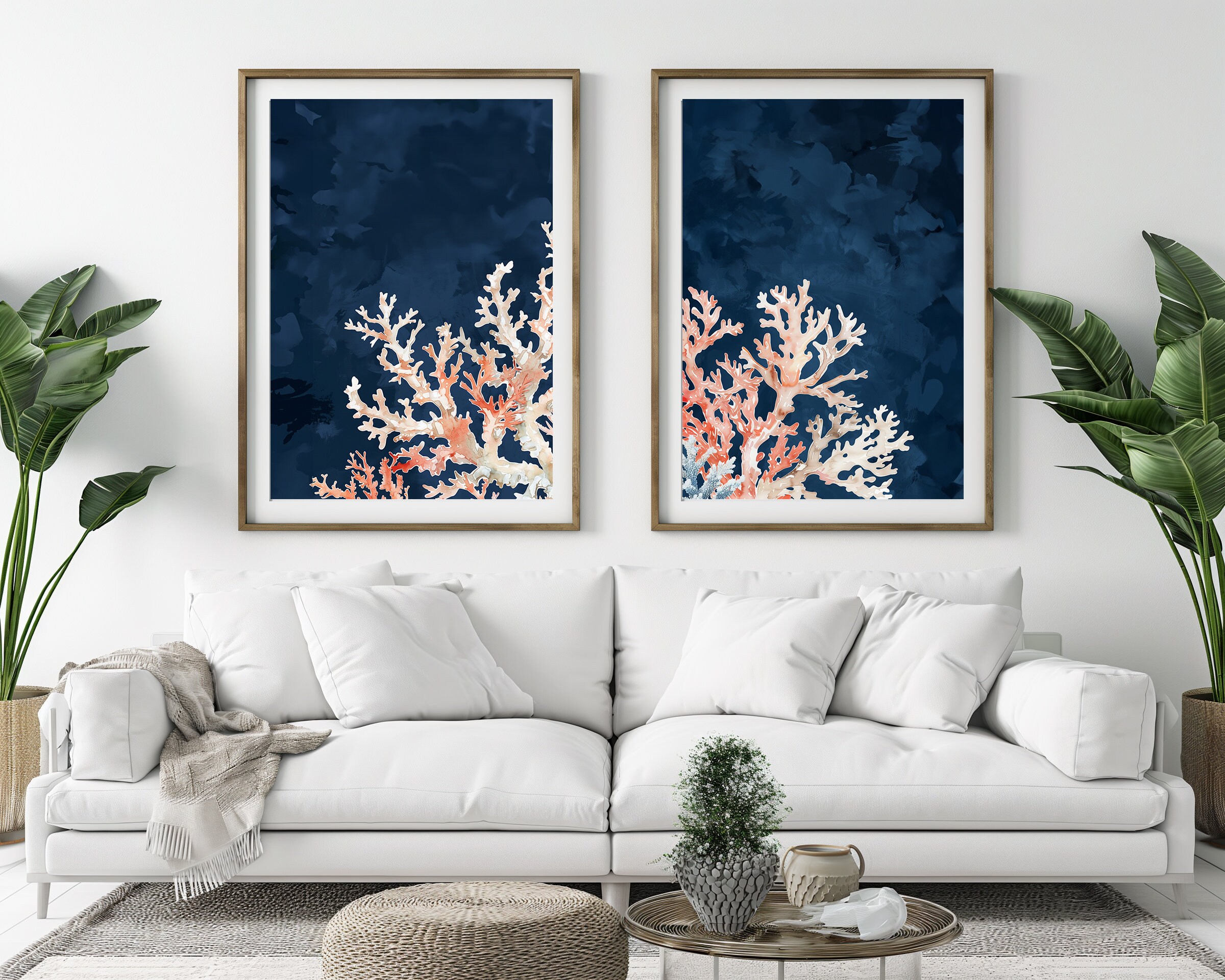 Pair of Watercolor Coral Prints on Navy Blue Background | Ocean ...