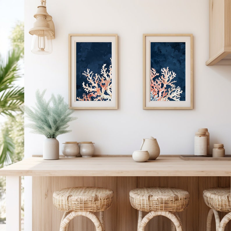 Pair of Watercolor Coral Prints on Navy Blue Background | Ocean ...