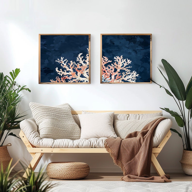 Pair of Watercolor Coral Prints on Navy Blue Background | Ocean ...