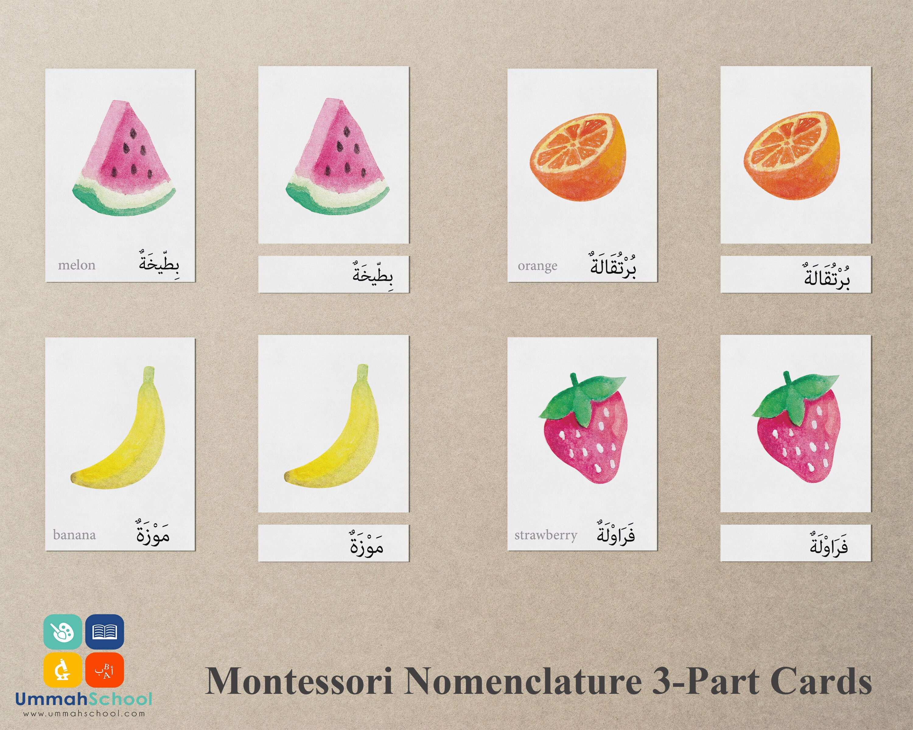 FRUITS in Arabic English Montessori Cards Flash Cards Three Part Cards ...