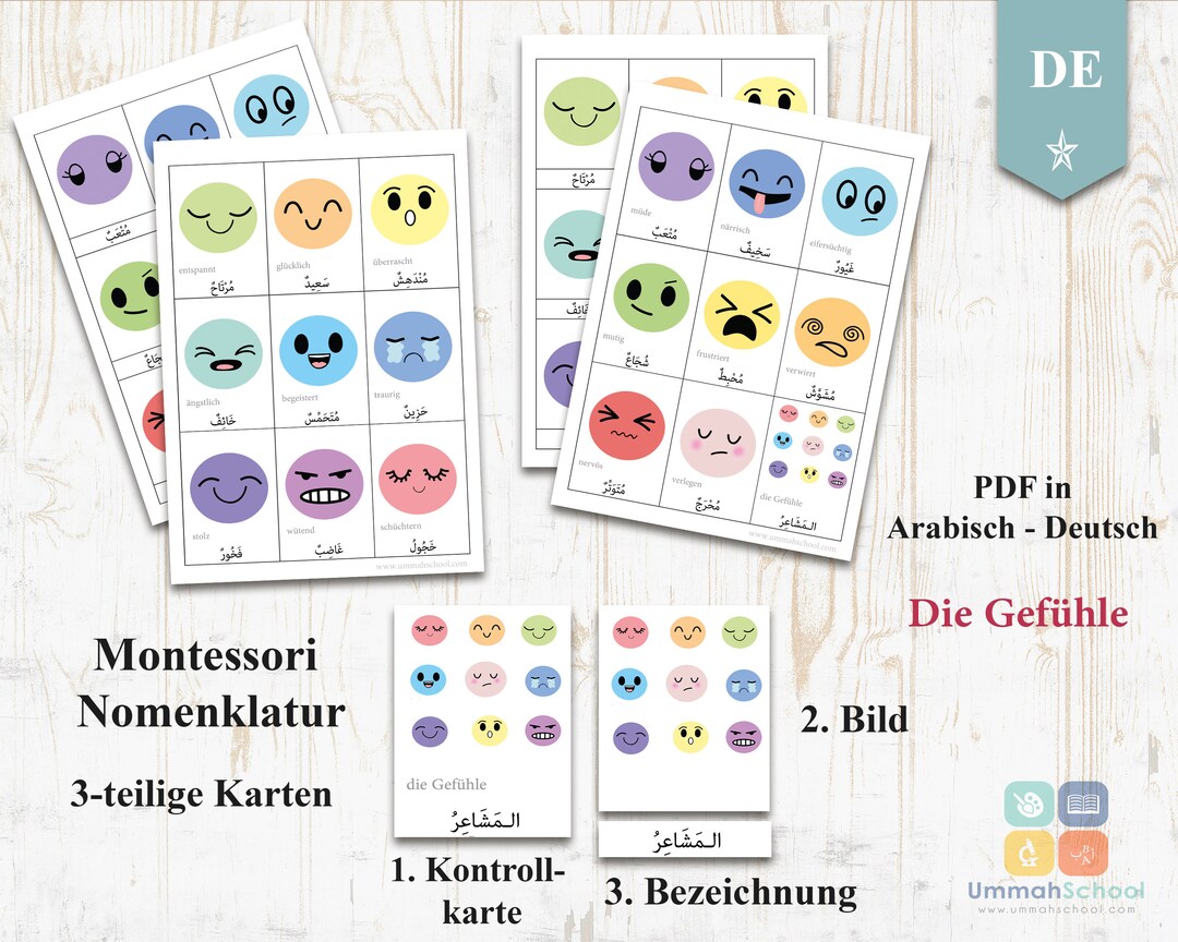 EMOTIONS in Arabic German Montessori Cards Flash Cards - Etsy