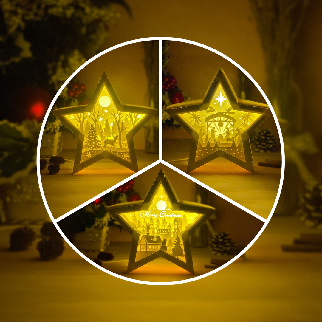 Pack 3 Merry Christmas Star Light Box SVG for Cricut Projects DIY, Star ...