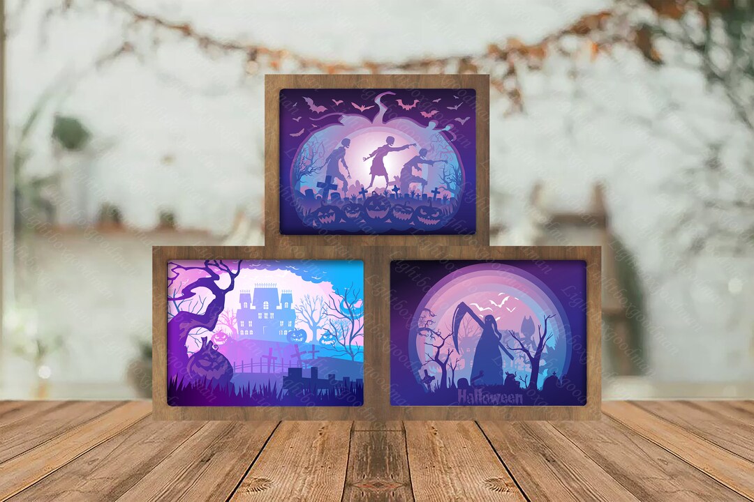 Pack 3 Halloween Papercut Light Box Templates: 3D Shadow Box SVG ...